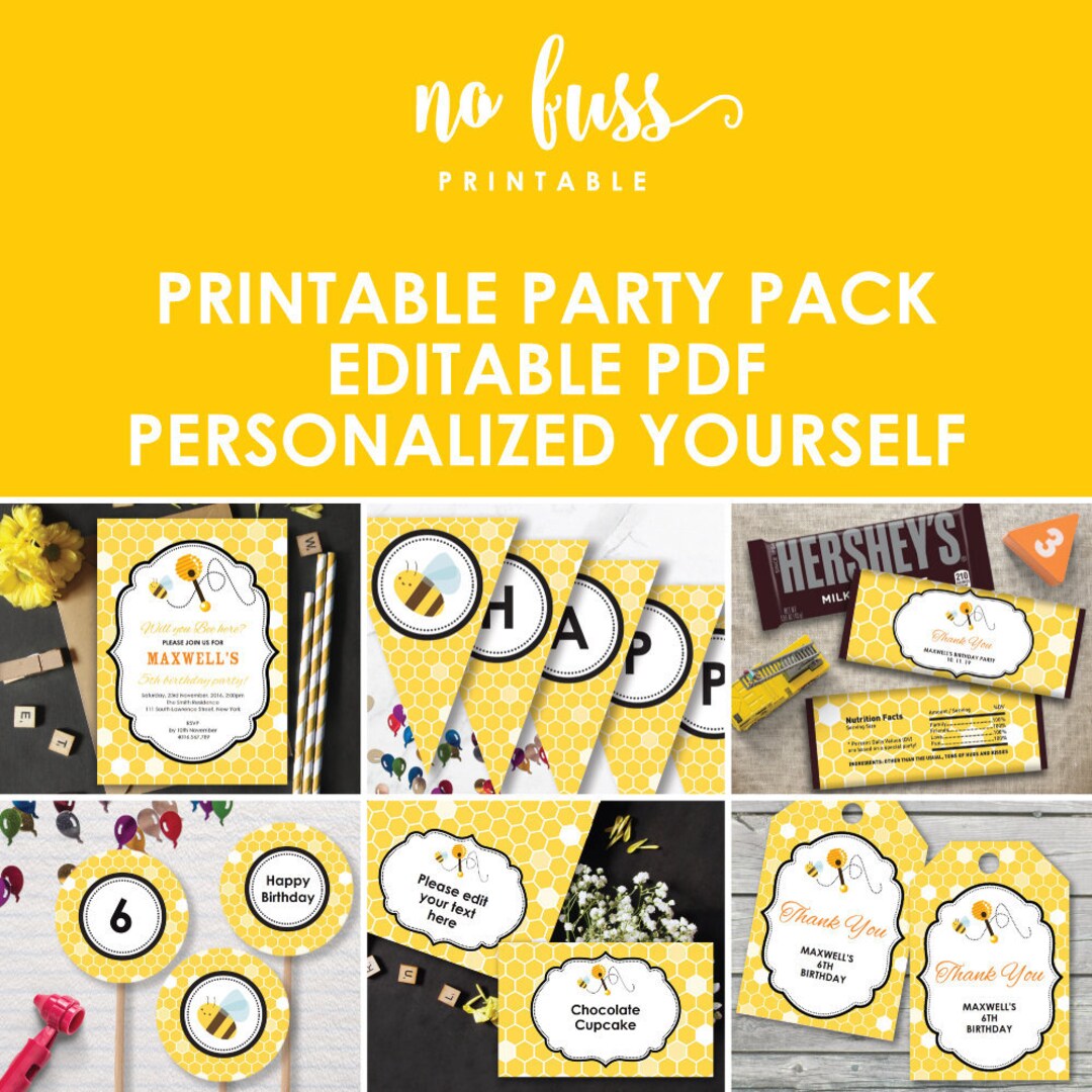 Bee Party Package Invitation Bunting Chocolate Wrapper Cupcake Topper ...
