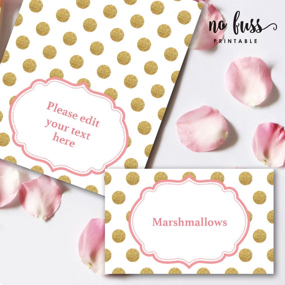 Pink and Gold Food Label Tents Card Editable PDF File | Etsy