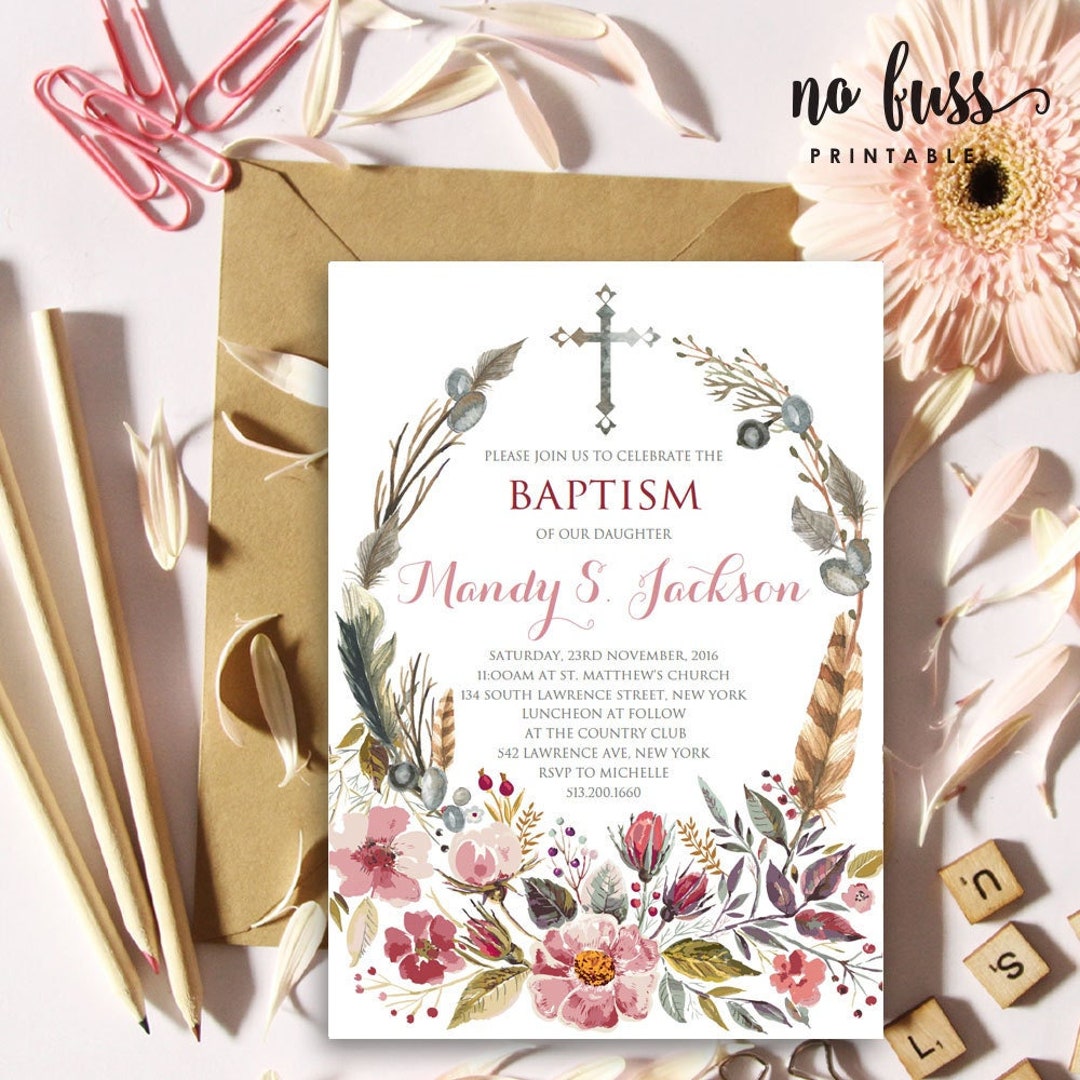 Watercolor Flower Cross Baptism Invitation Christening 5x7 Editable PDF ...