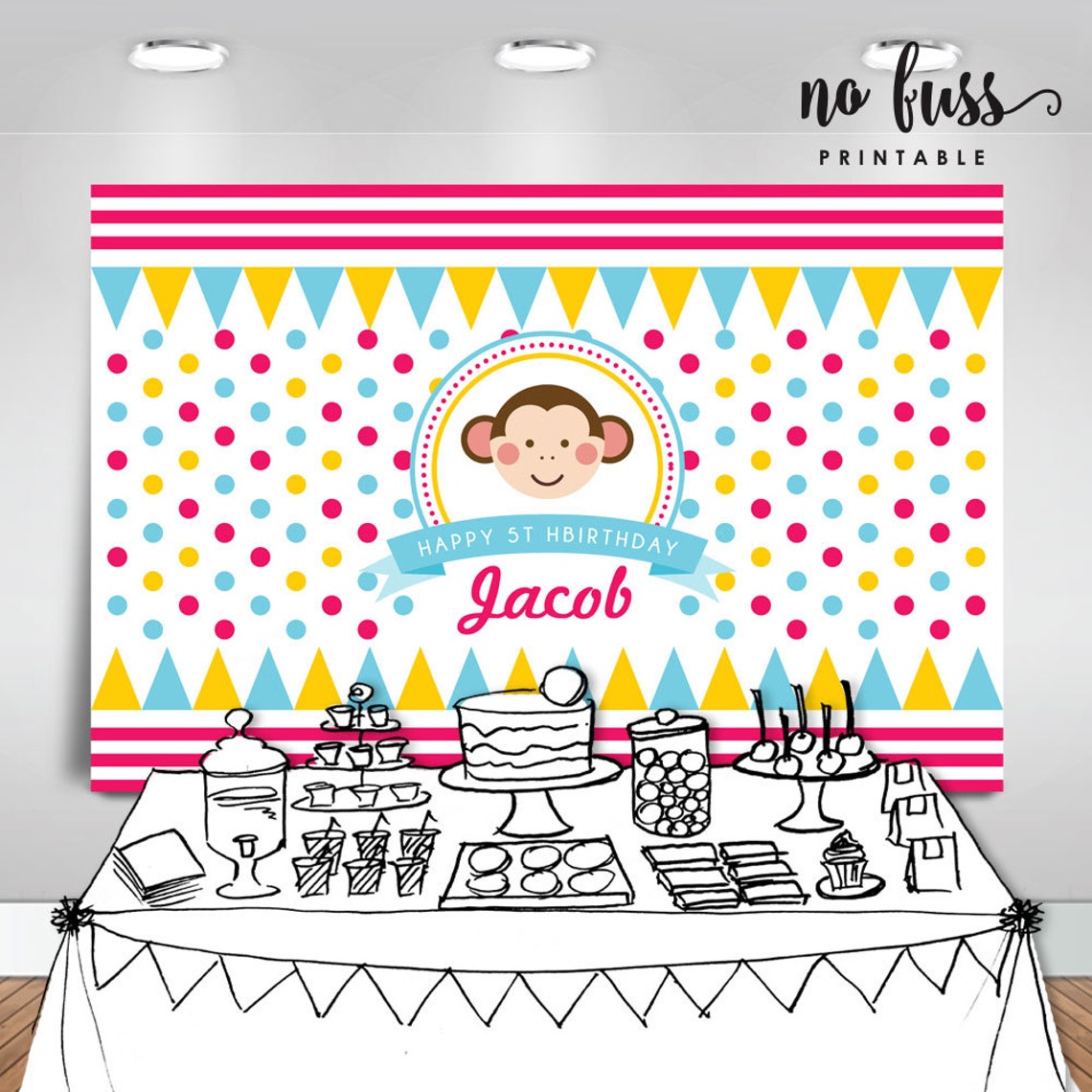 Happy Monkey Backdrop Baby Boy Party Banner Poster - Etsy
