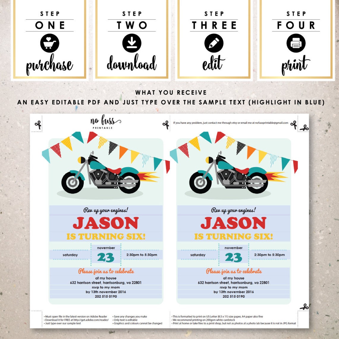 Motorcycle Birthday Invitation 5x7 Editable PDF File - Etsy