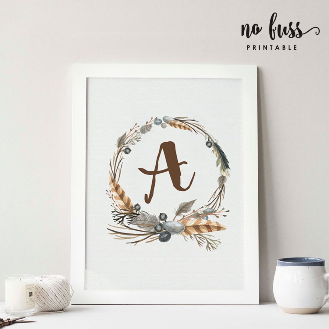 Wall Art Letter Monogram Boho Feather Floral Wreath Baby Initial ...