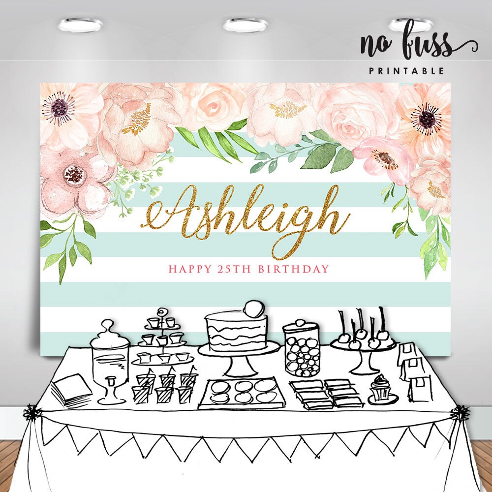 Pink and Mint Green Floral Backdrop Adults Party Banner | Etsy