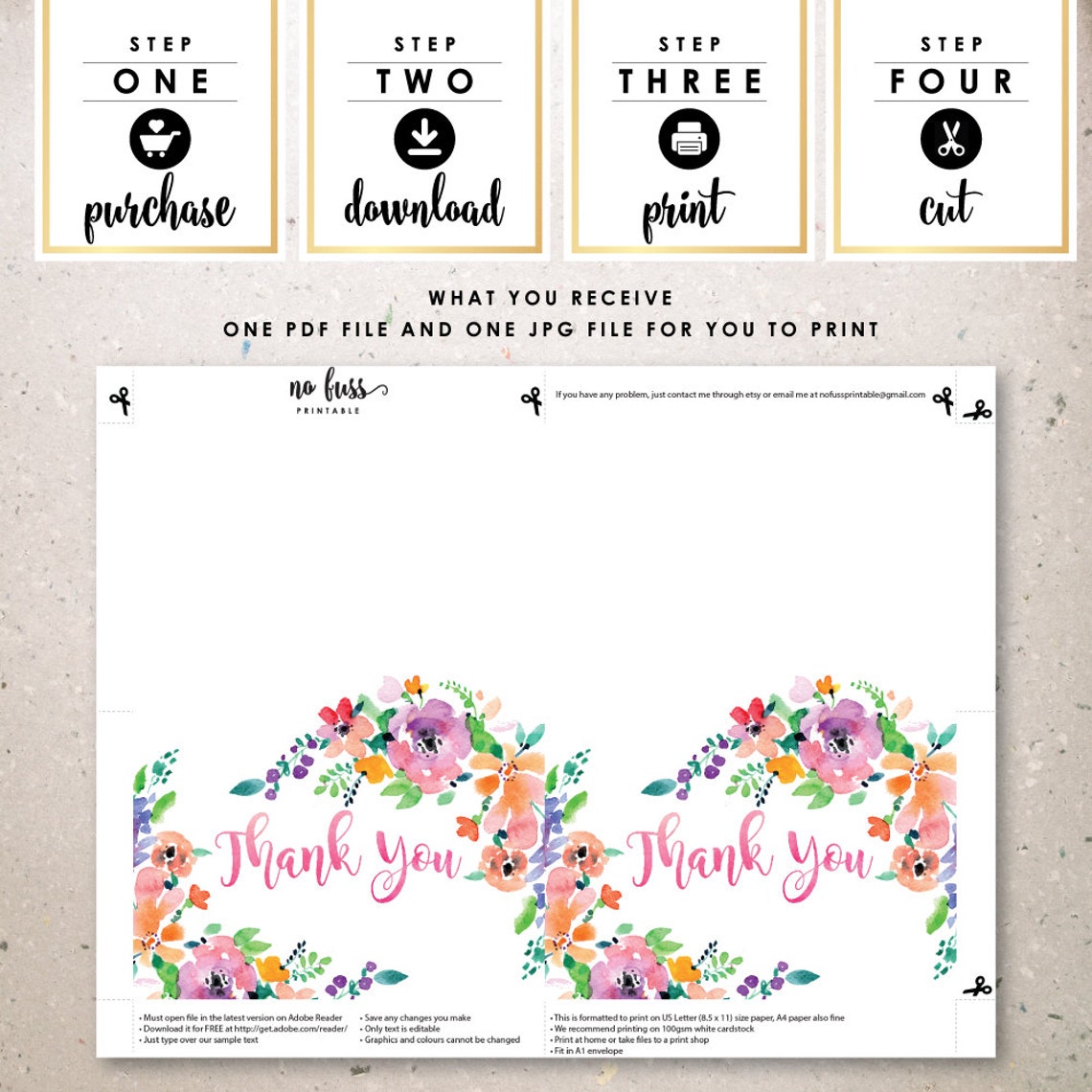 Watercolor Flower Thank You Card Printable Instant Download | Etsy