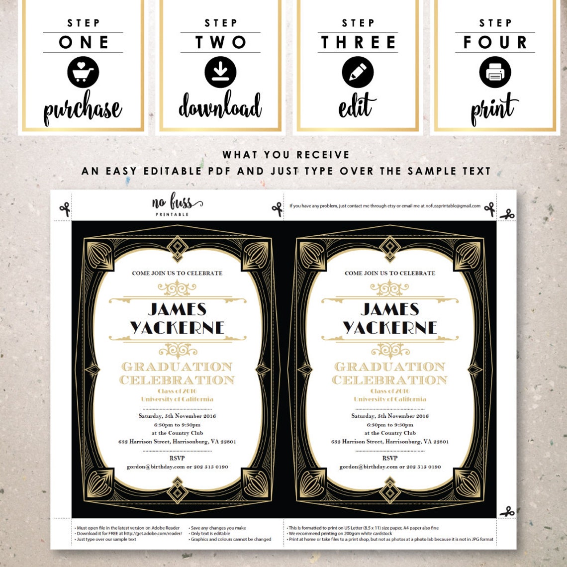 Great Gatsby Graduation Invitation Art Deco Invite 5x7 | Etsy