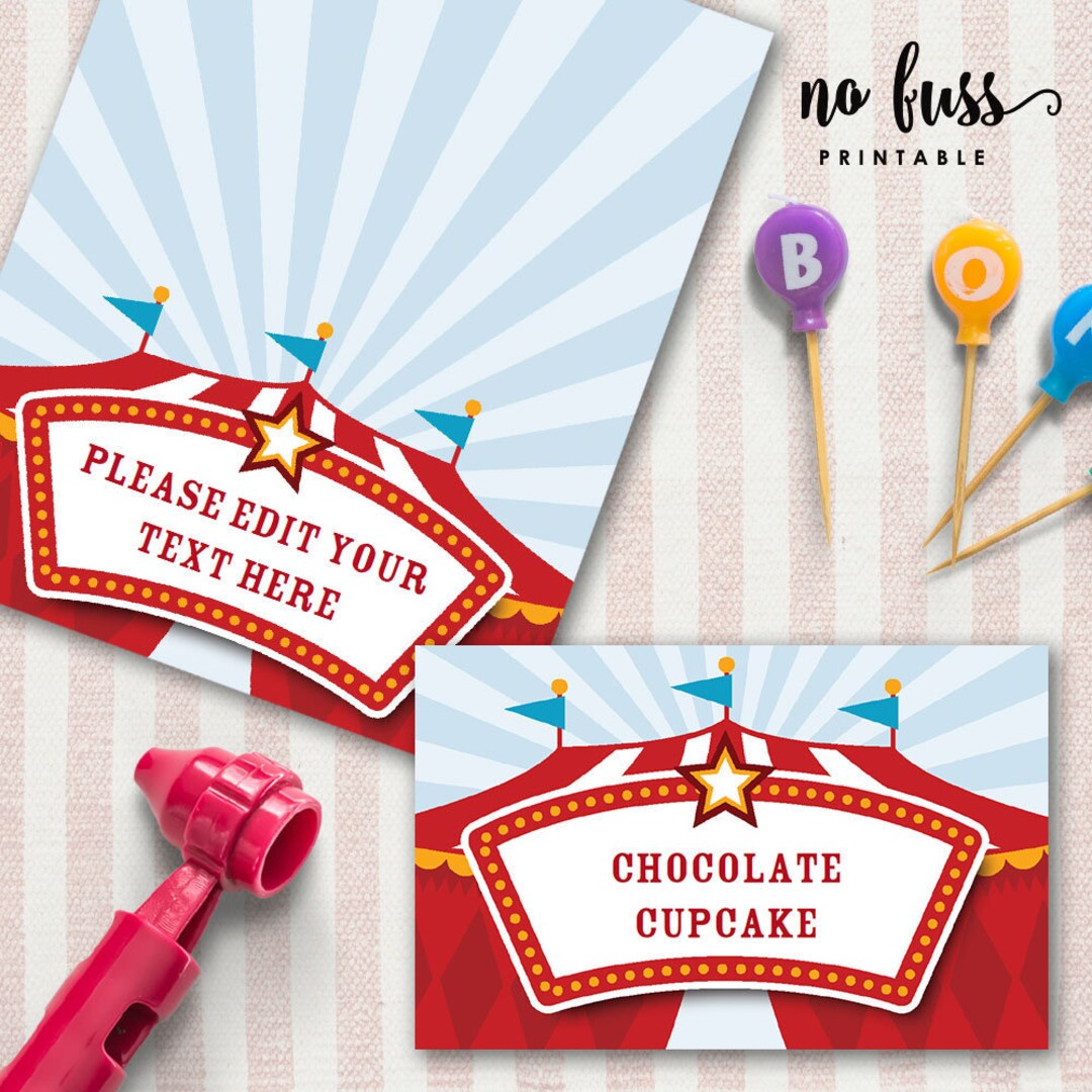 Carnival Party Food Label Tents Card Editable PDF File Instant Download ...