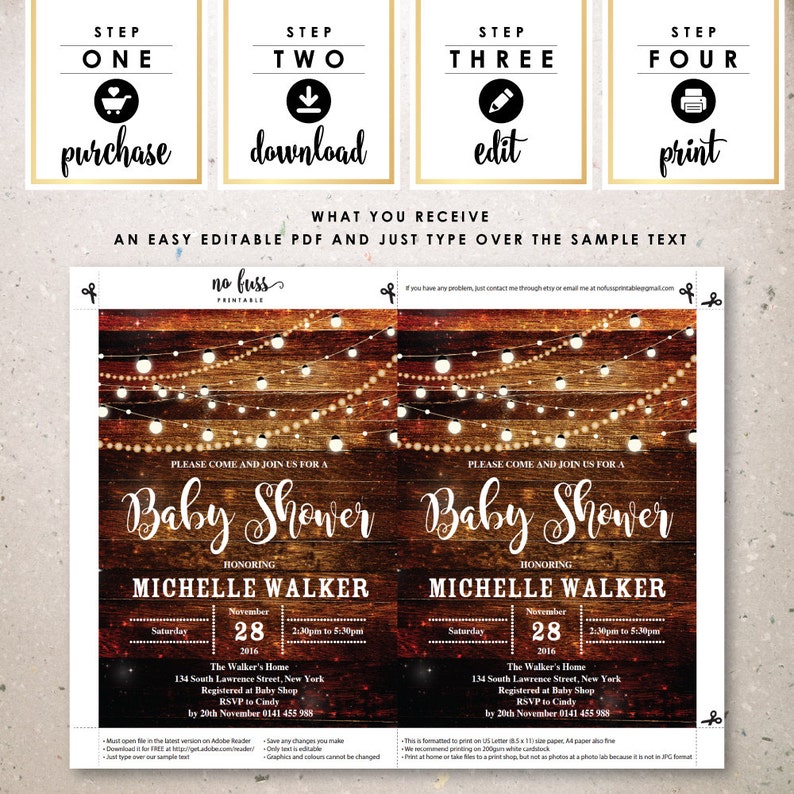 Rustic Baby Shower Invitation 5x7 Editable PDF Instant - Etsy