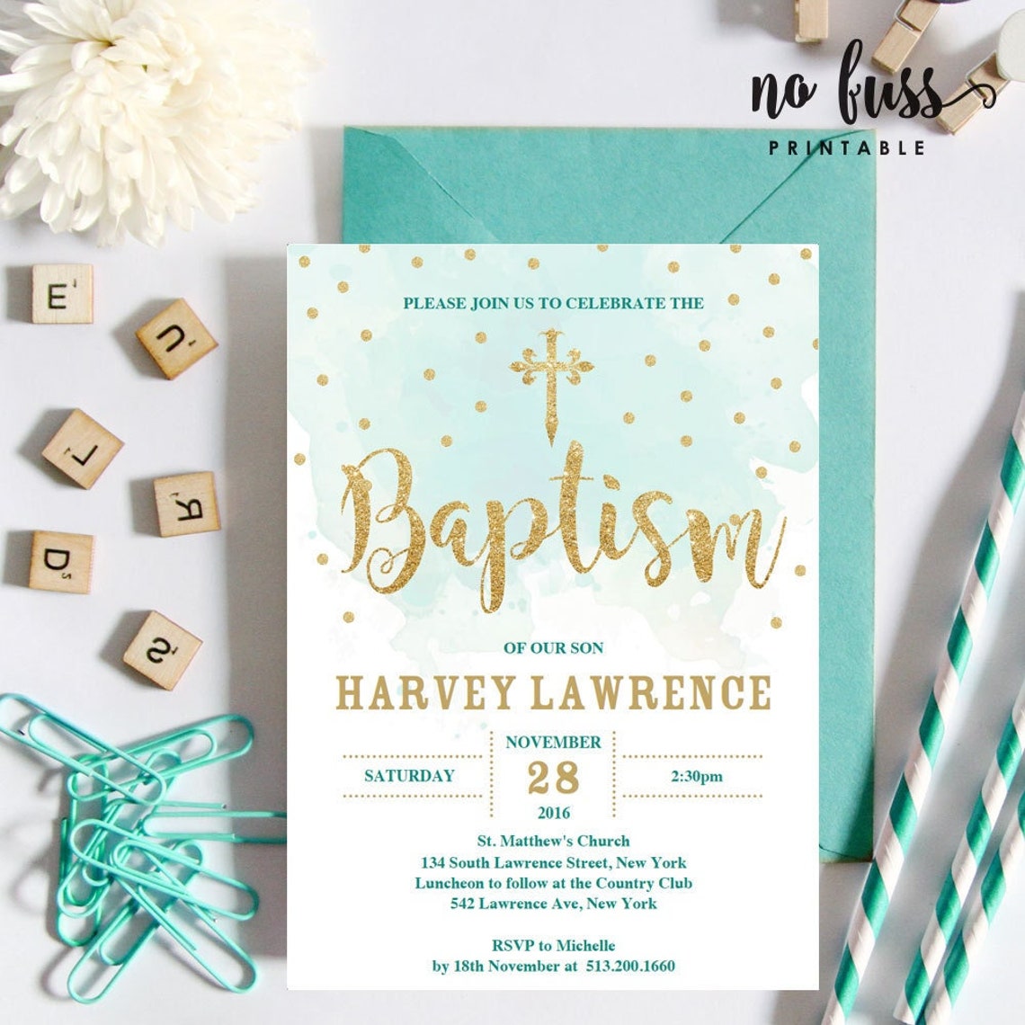Watercolor and Gold Glitter Baptism Invitation Christening | Etsy