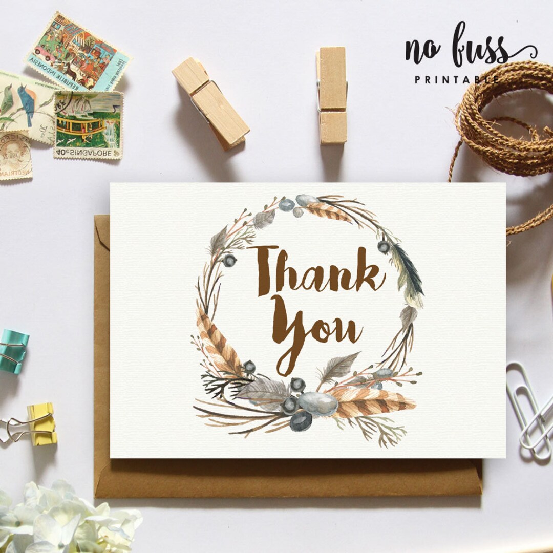 Watercolor Feather Thank You Card Boho Feather Printable Instant ...