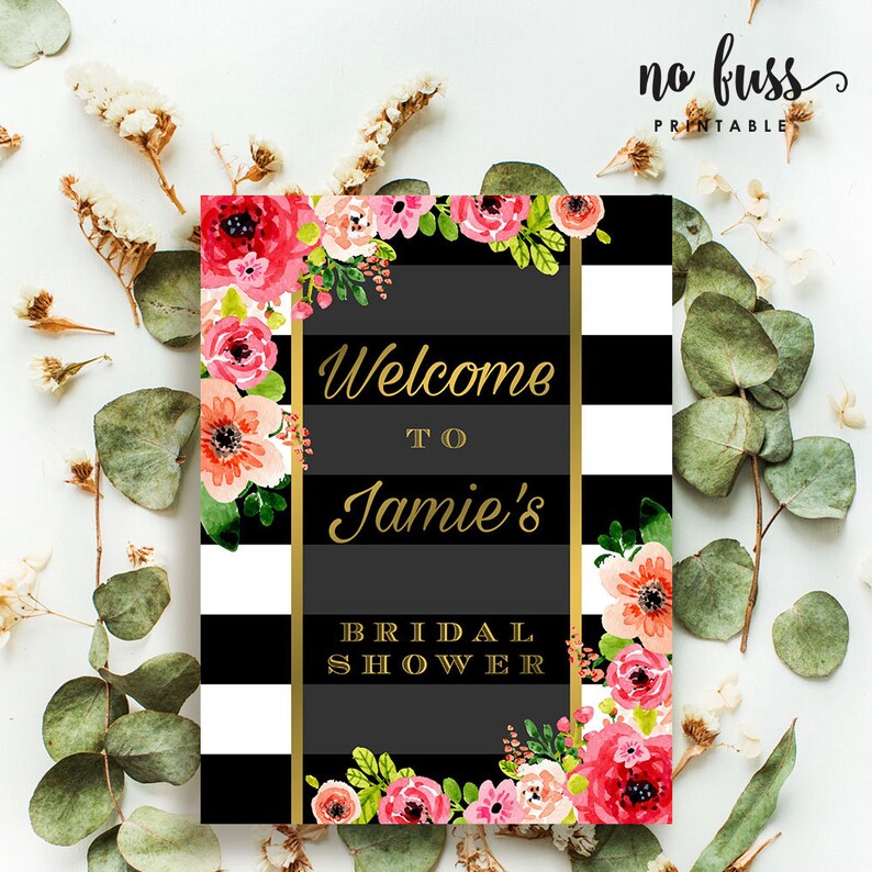 Printable Welcome Sign Black and Gold Floral Party Welcome - Etsy