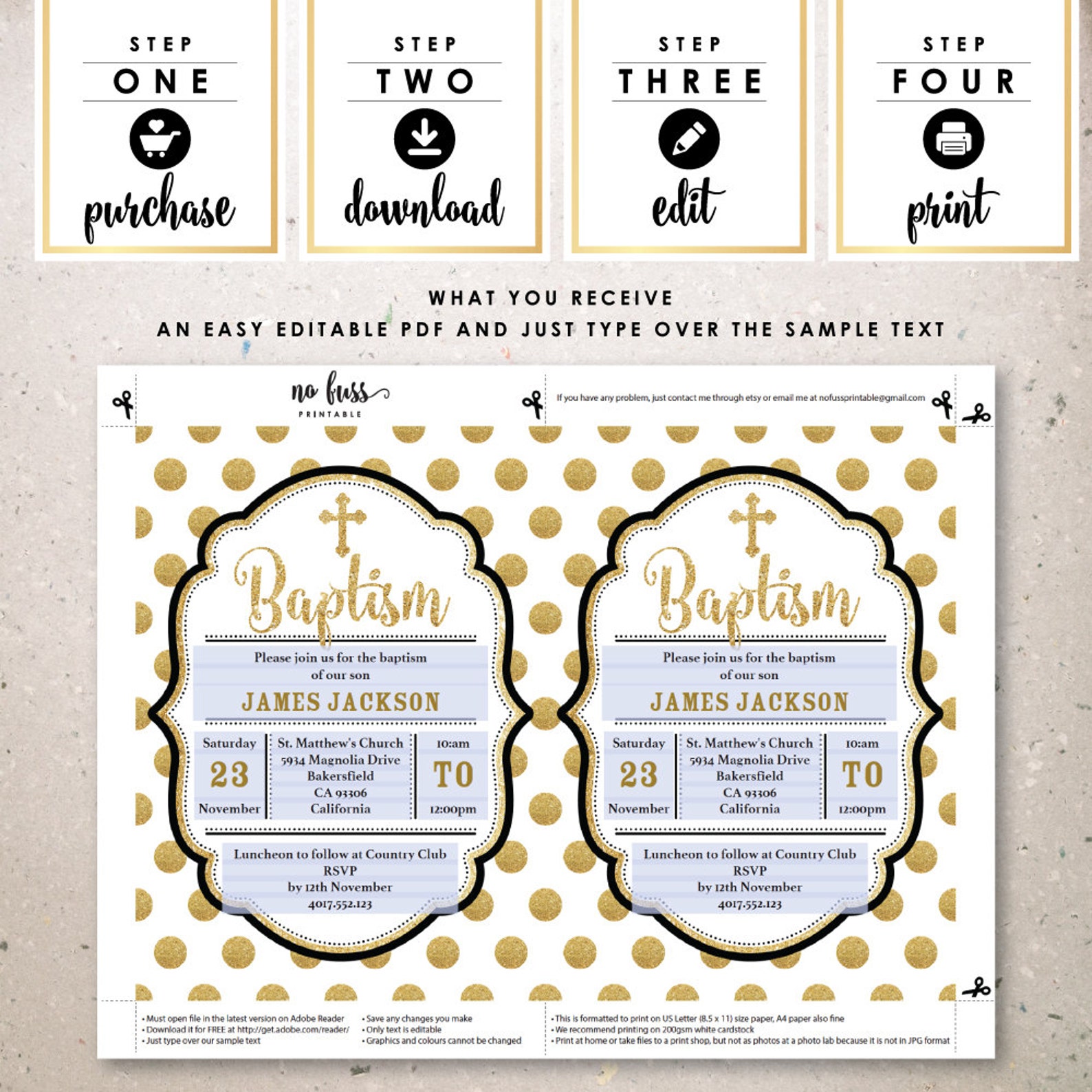 Gold Glitter and Black Baptism Invitation Christening 5x7 | Etsy