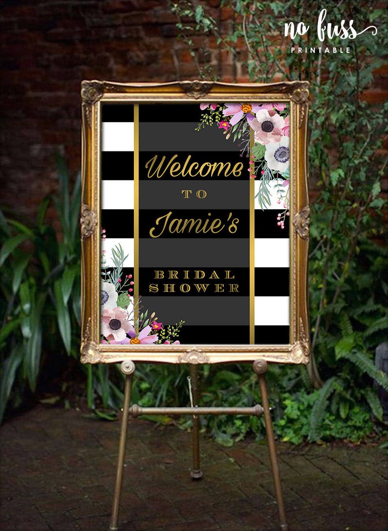 Printable Welcome Sign Black and Gold Floral Party Welcome | Etsy