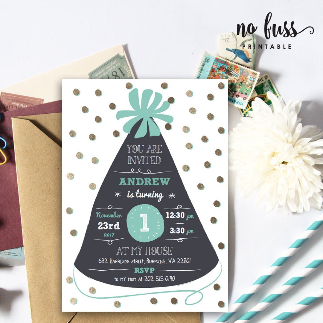 Party Hat Invitation Boy First Birthday 5x7 Editable PDF File Instant ...