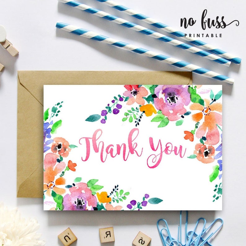 Watercolor Flower Thank You Card Printable Instant Download | Etsy