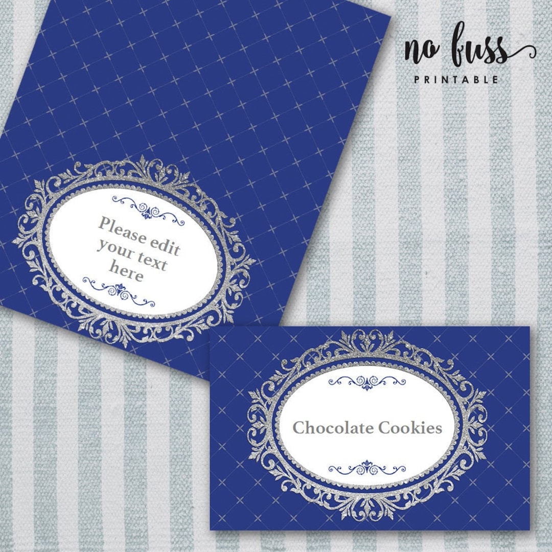 Blue and Silver Food Label Tents Card Editable PDF File - Etsy