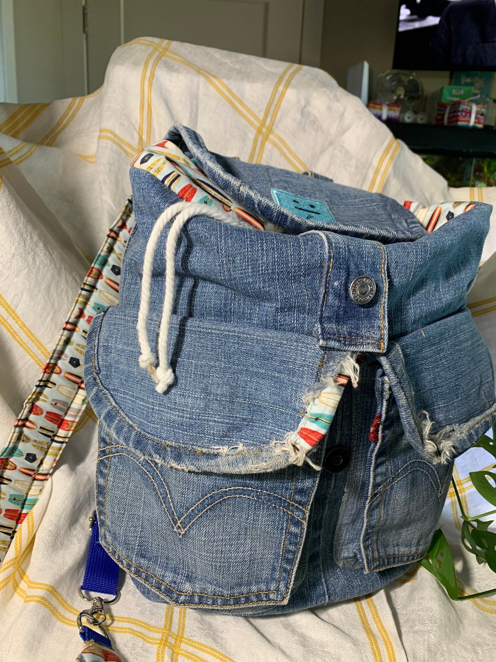 Upcycled Denim Drawstring Backpack Zippered Side Entry - Etsy
