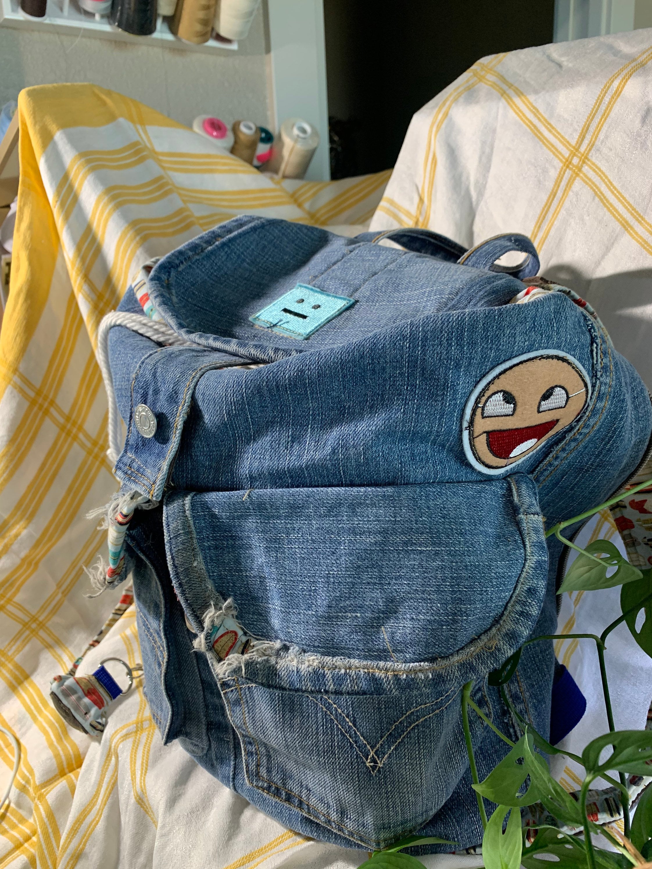 Upcycled Denim Drawstring Backpack Zippered Side Entry - Etsy