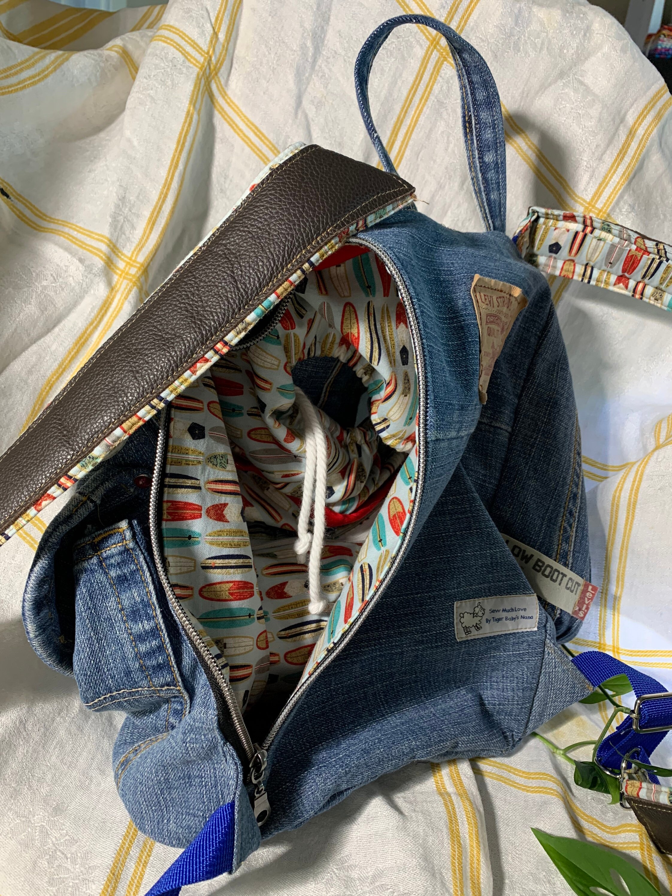 Upcycled Denim Drawstring Backpack Zippered Side Entry - Etsy