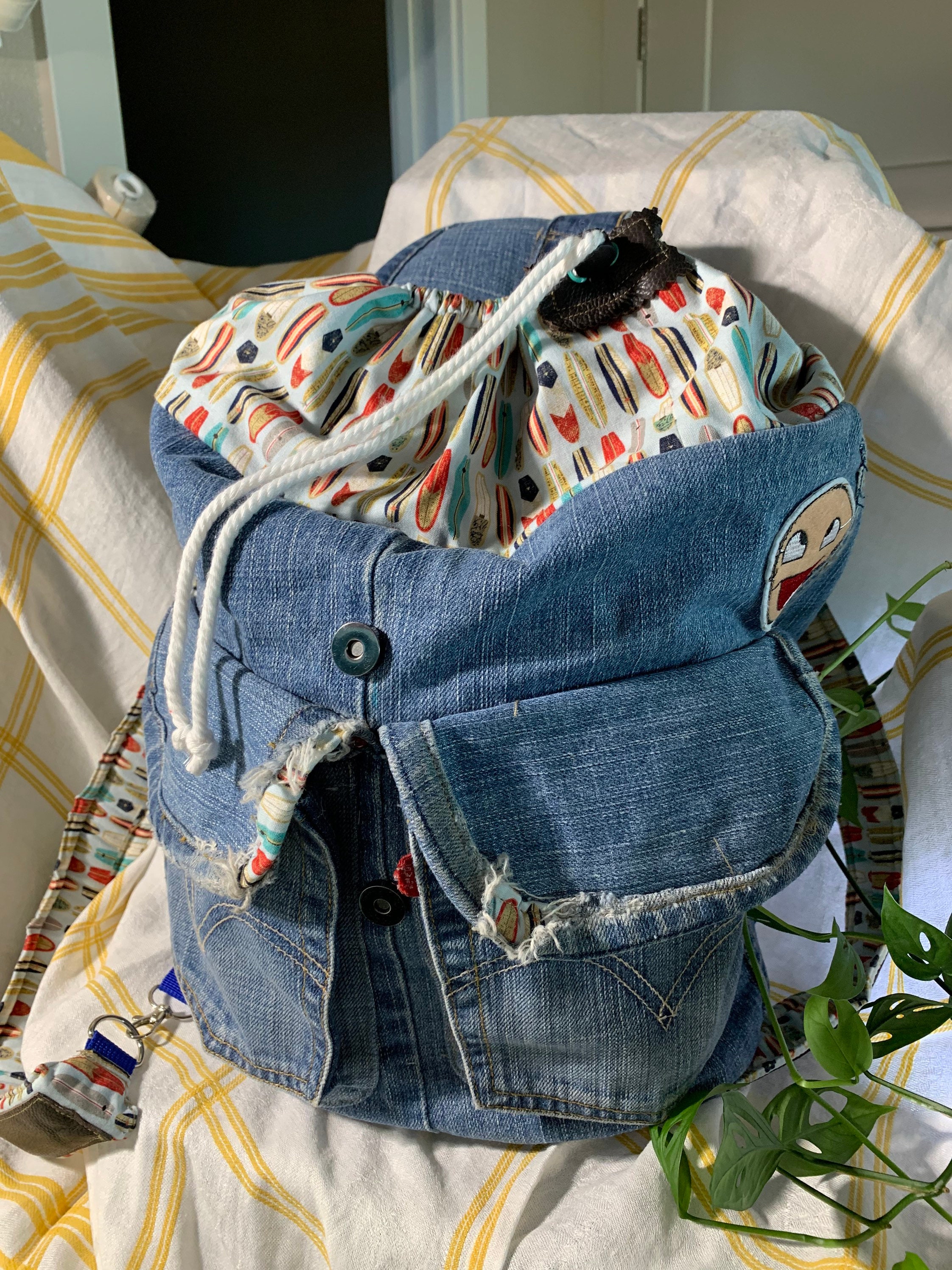Upcycled Denim Drawstring Backpack Zippered Side Entry - Etsy