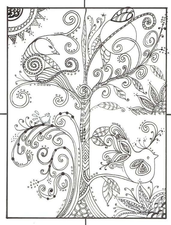 Doodle Art Adult Coloring Page Tree Doodle Art Bird Doodle - Etsy