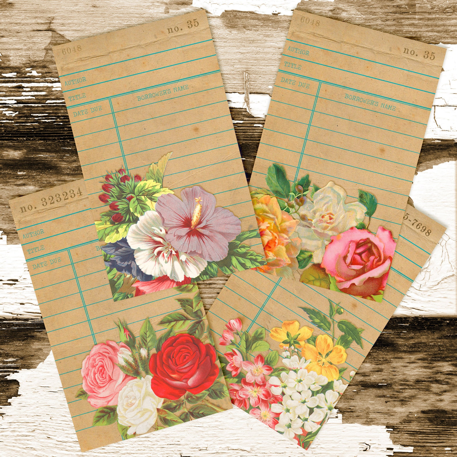 Printable Vintage Library Cards Set of 4, Printable Ephemera, Flowers ...