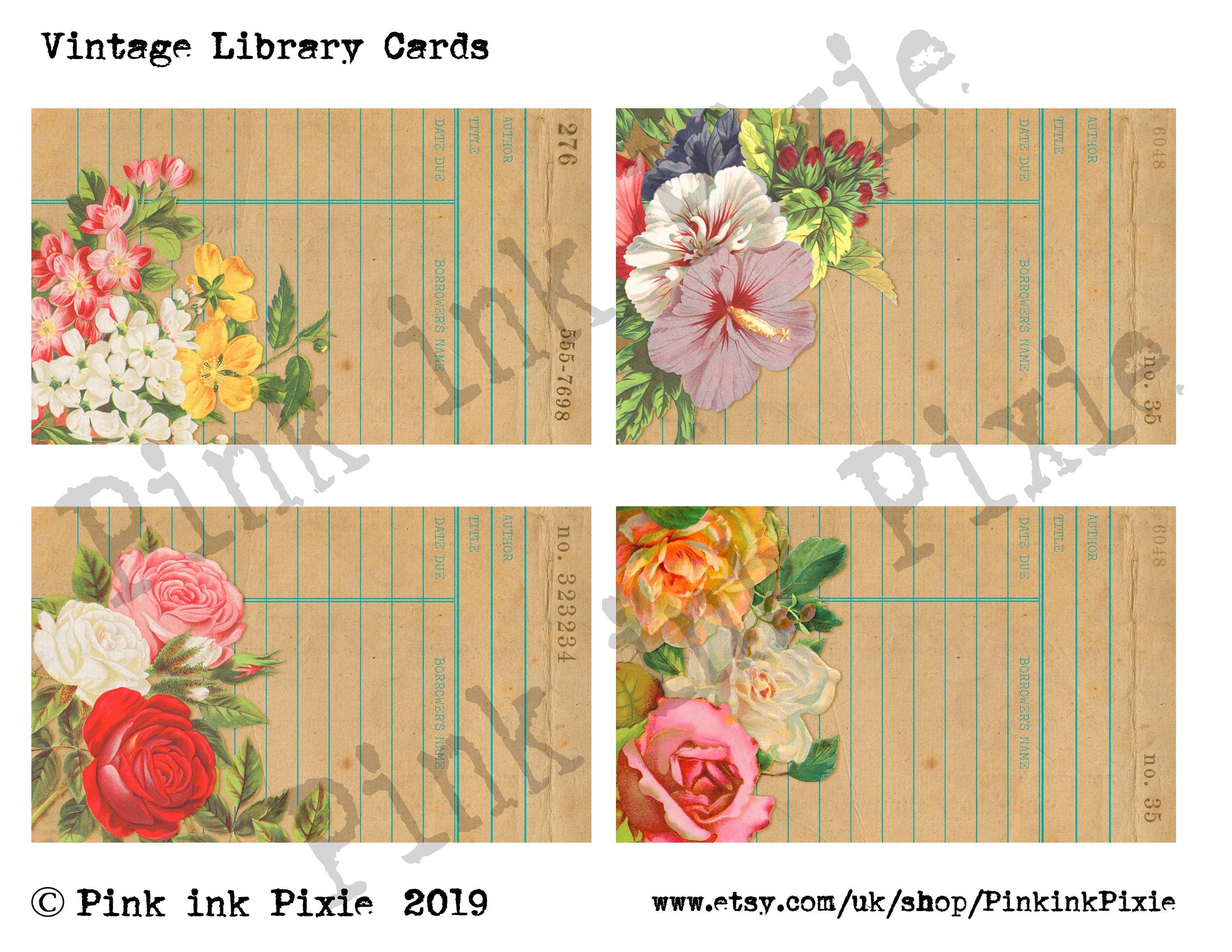 Printable Vintage Library Cards Set of 4, Printable Ephemera, Flowers ...