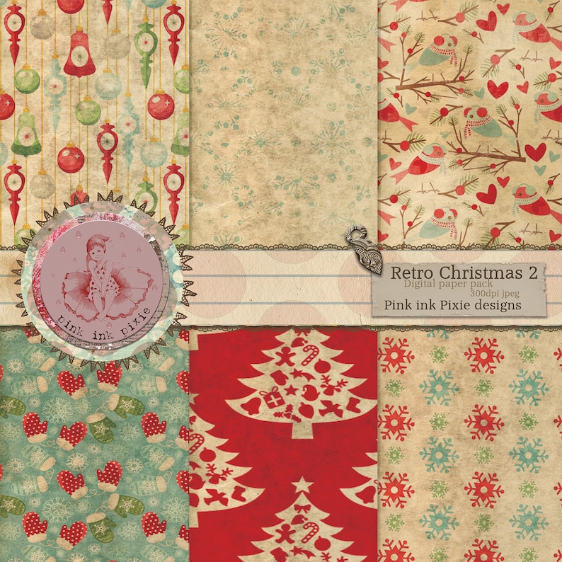 Printable Retro Christmas Digital Paper Pack Part Two, Vintage ...