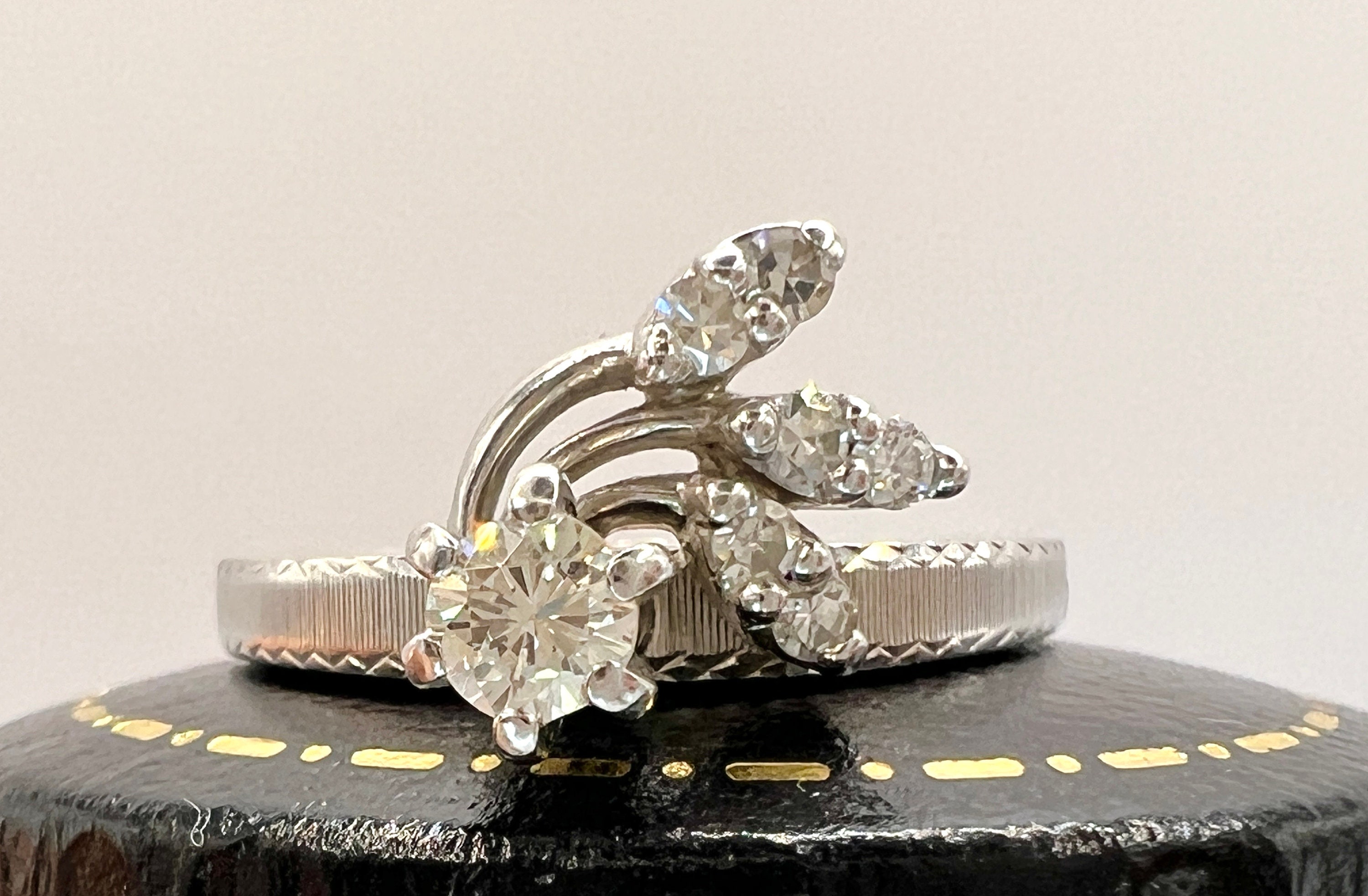 Antique TruBrite Diamond Ring 14ct White Gold 1960 s Etched Engagement Wedding Ring Fine Natural Antique Diamond Ring Size N 6.75 53.5