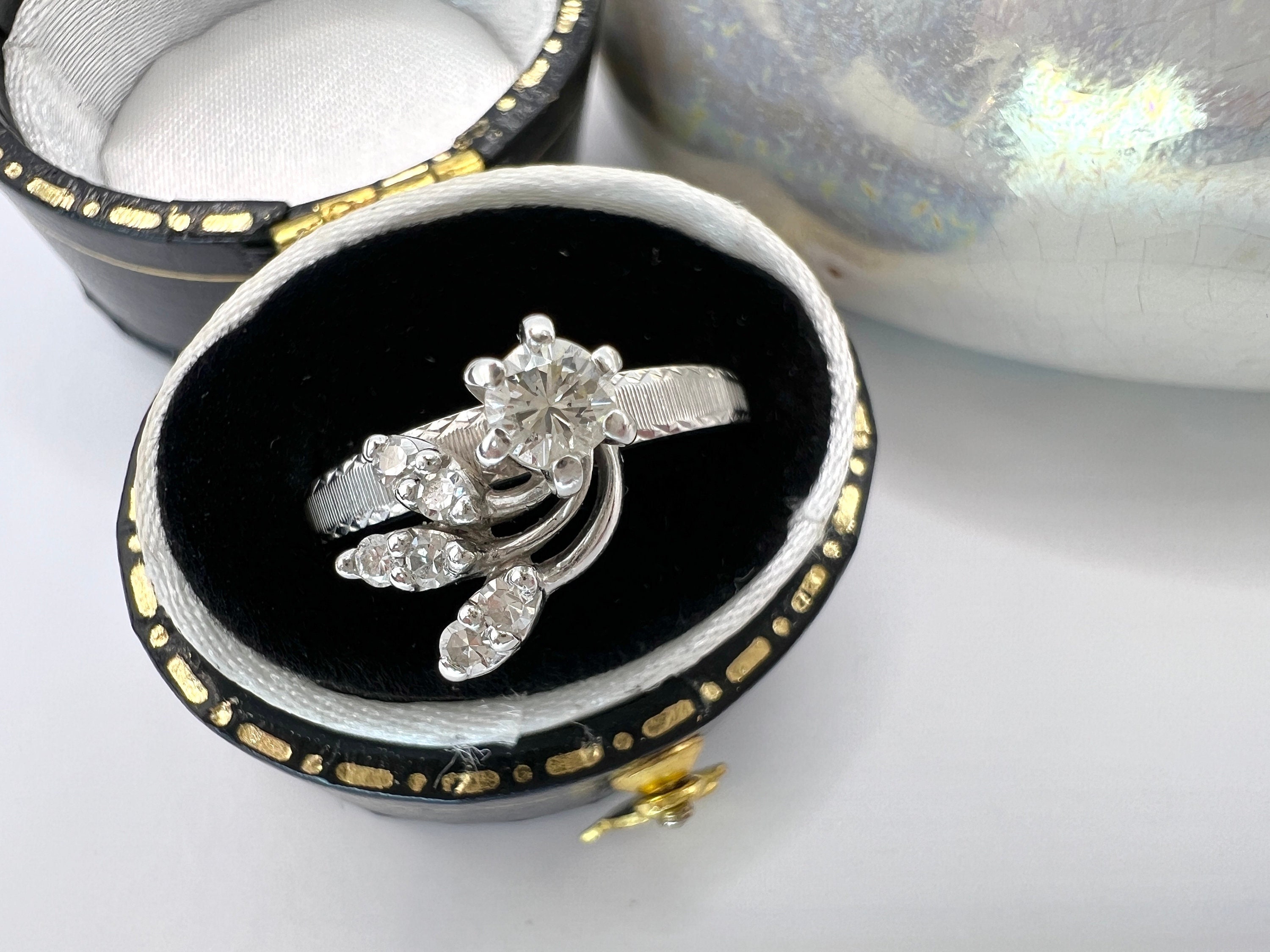 Antique TruBrite Diamond Ring 14ct White Gold 1960 s Etched Engagement Wedding Ring Fine Natural Antique Diamond Ring Size N 6.75 53.5