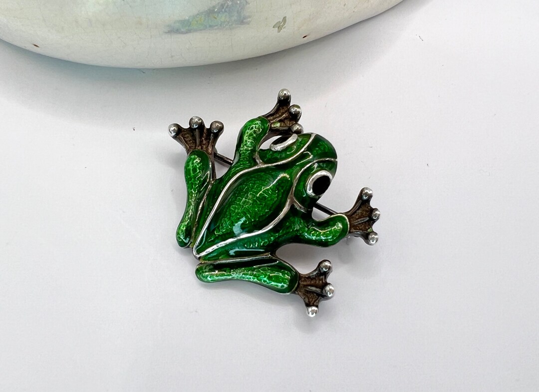 Antique Silver Frog Brooch | 925 Sterling Silver & Green Enamel Vintage ...