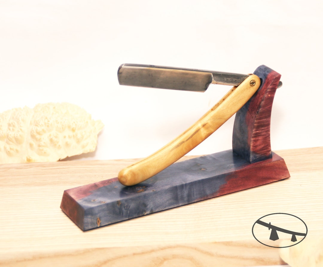 The Blue-red Toned Maple Burl Wood Straight Razor Stand. Collectible ...