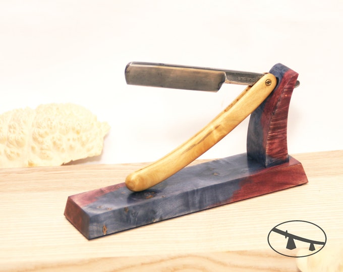 The Blue-red Toned Maple Burl Wood Straight Razor Stand. Collectible ...