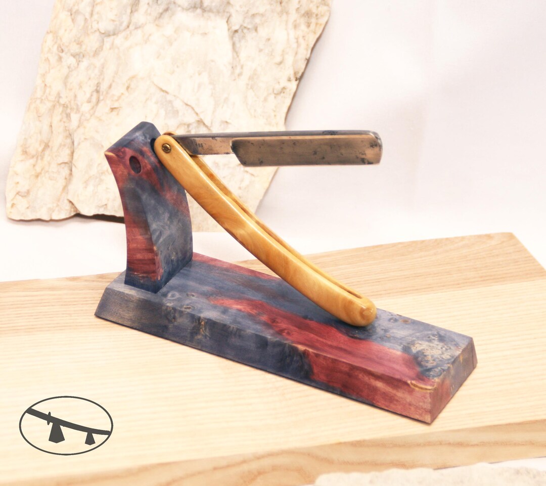 The Wooden Stand for 2 Straight Razors. the Blue-red-toned Maple Burl ...