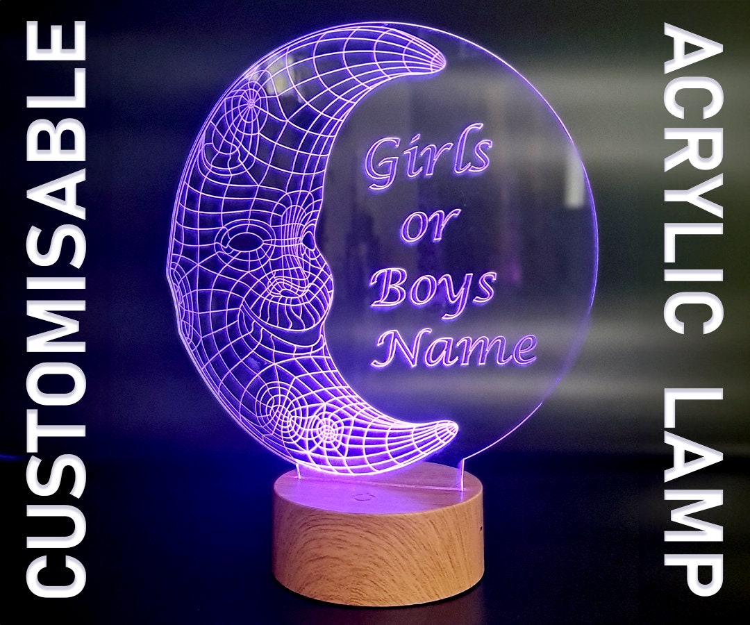 Customisable, Cartoon Moon, Acrylic Colour Changing Lamp / Nightlight ...