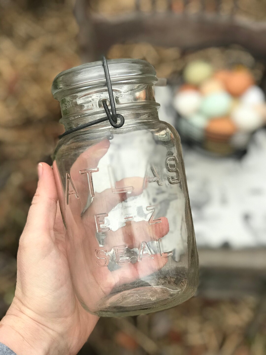 Vintage Atlas E-Z Seal Mason Jar Quart Clear Glass Metal Wire Bail Lock ...