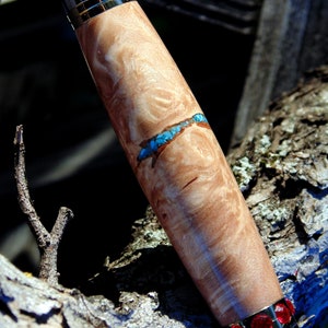 Maple Burl Wood Ballpoint Diva Pen Pearl and Turquoise Inlay Titanium ...