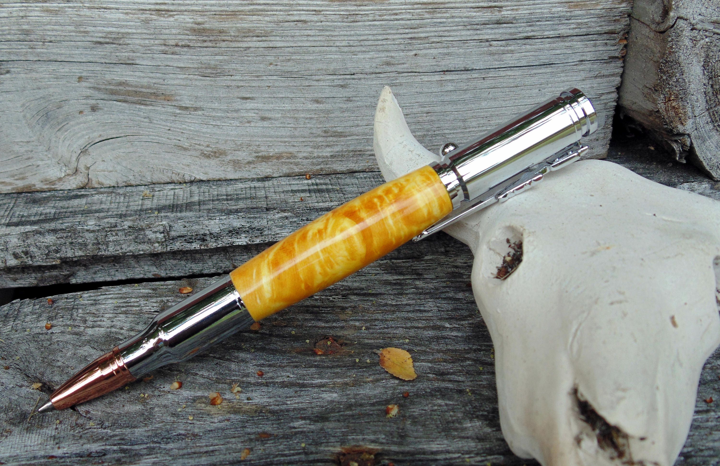 Box Elder Burl Wood Bullet Pen With Bolt Action, Amber Pigment Enhanced ...