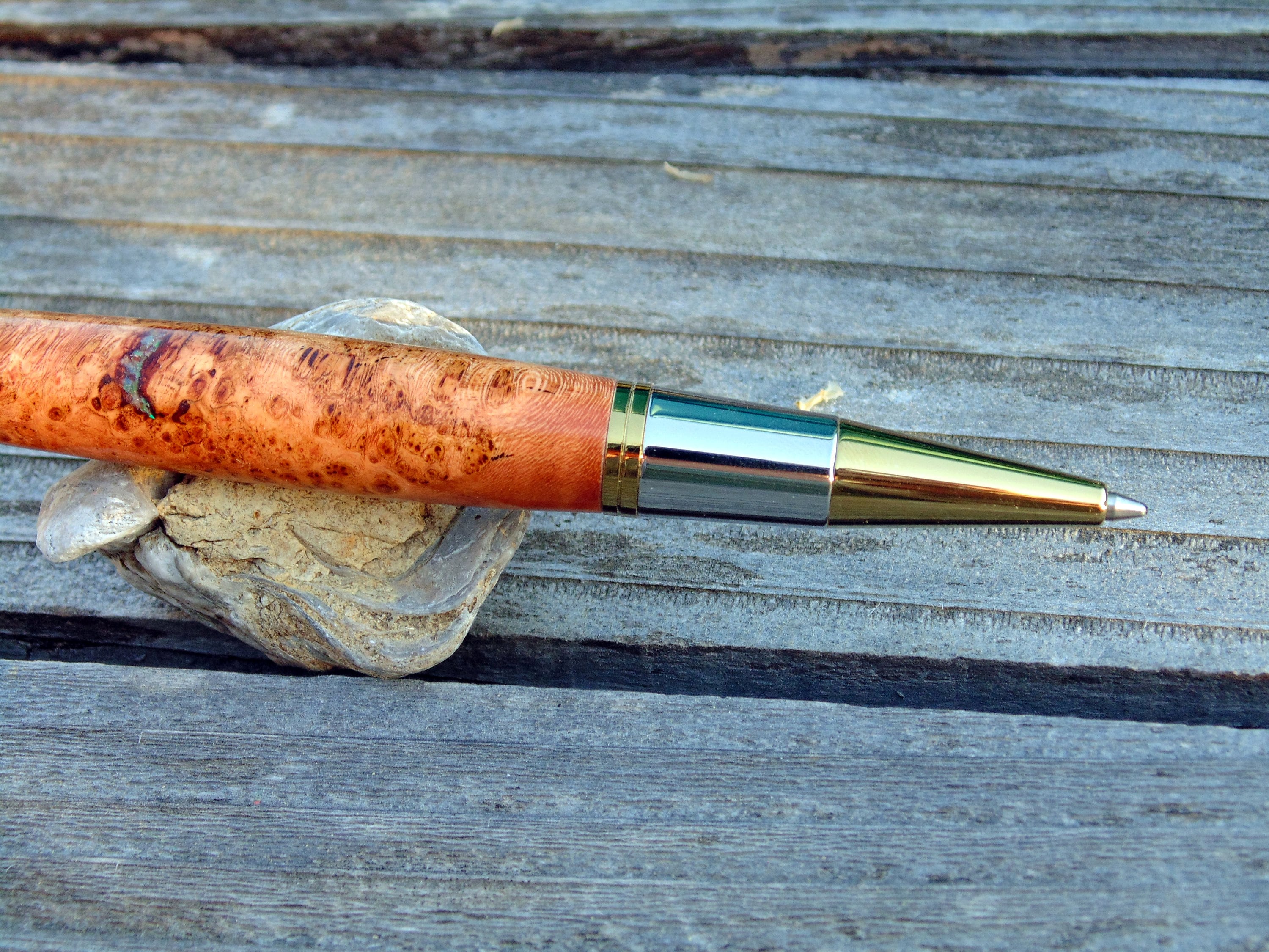 Cherry Burl Wood Ballpoint Diva Pen Fire Opal Inlay Titanium & Rhodium ...