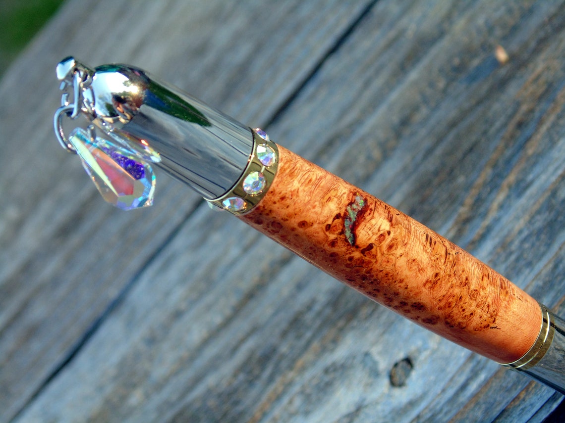 Cherry Burl Wood Ballpoint Diva Pen Fire Opal Inlay Titanium & Rhodium ...