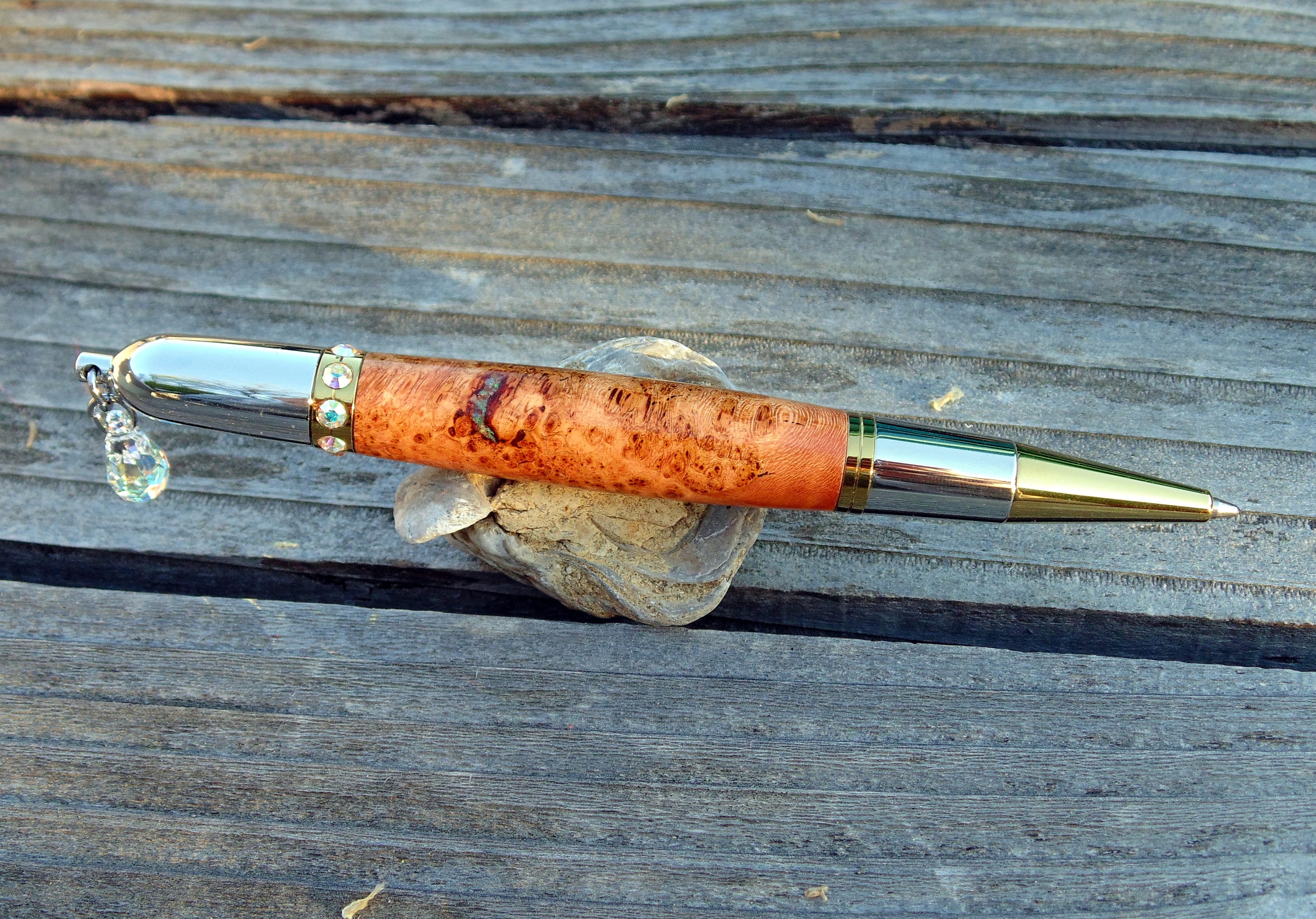 Cherry Burl Wood Ballpoint Diva Pen Fire Opal Inlay Titanium & Rhodium ...