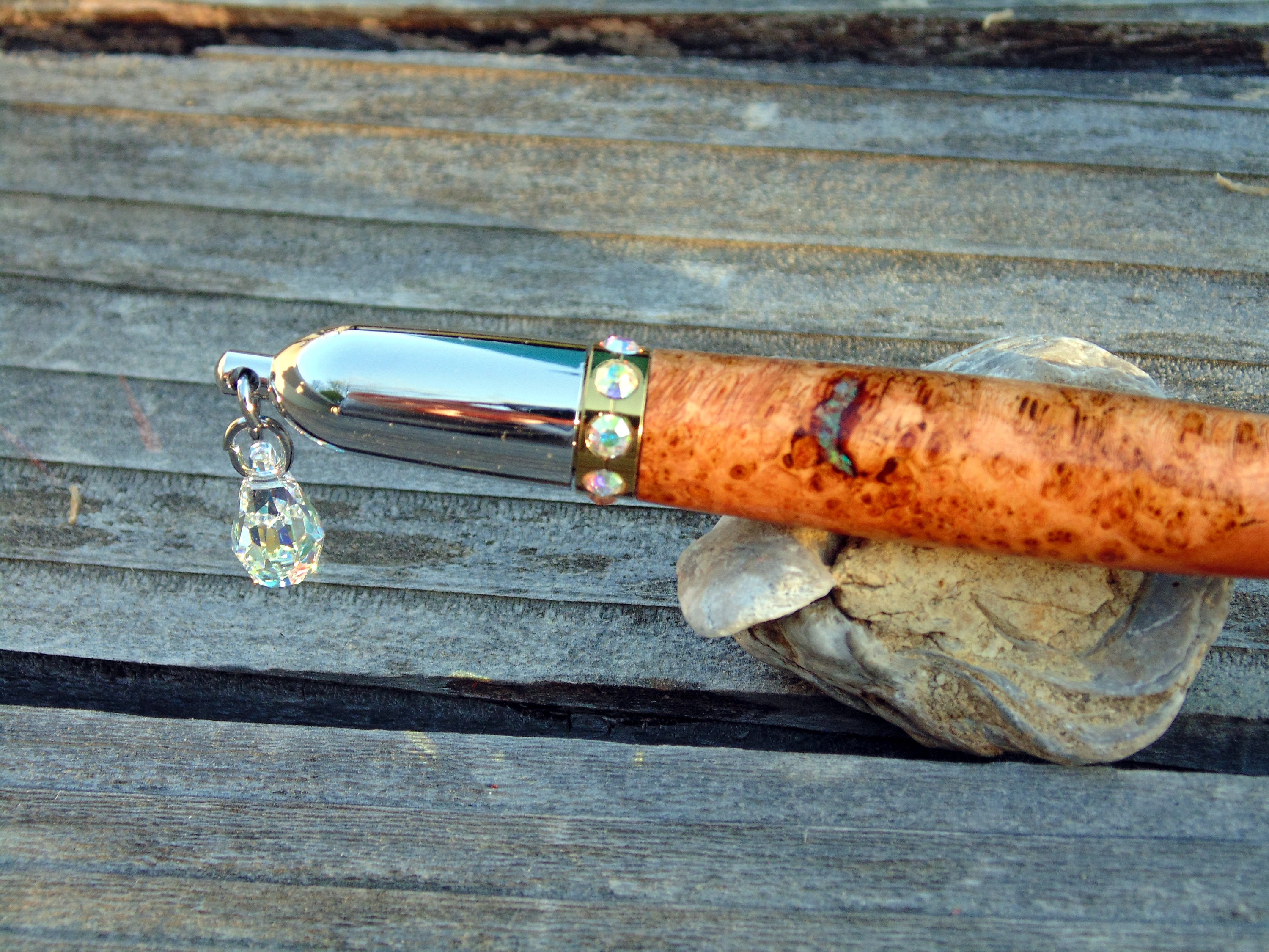 Cherry Burl Wood Ballpoint Diva Pen Fire Opal Inlay Titanium & Rhodium ...