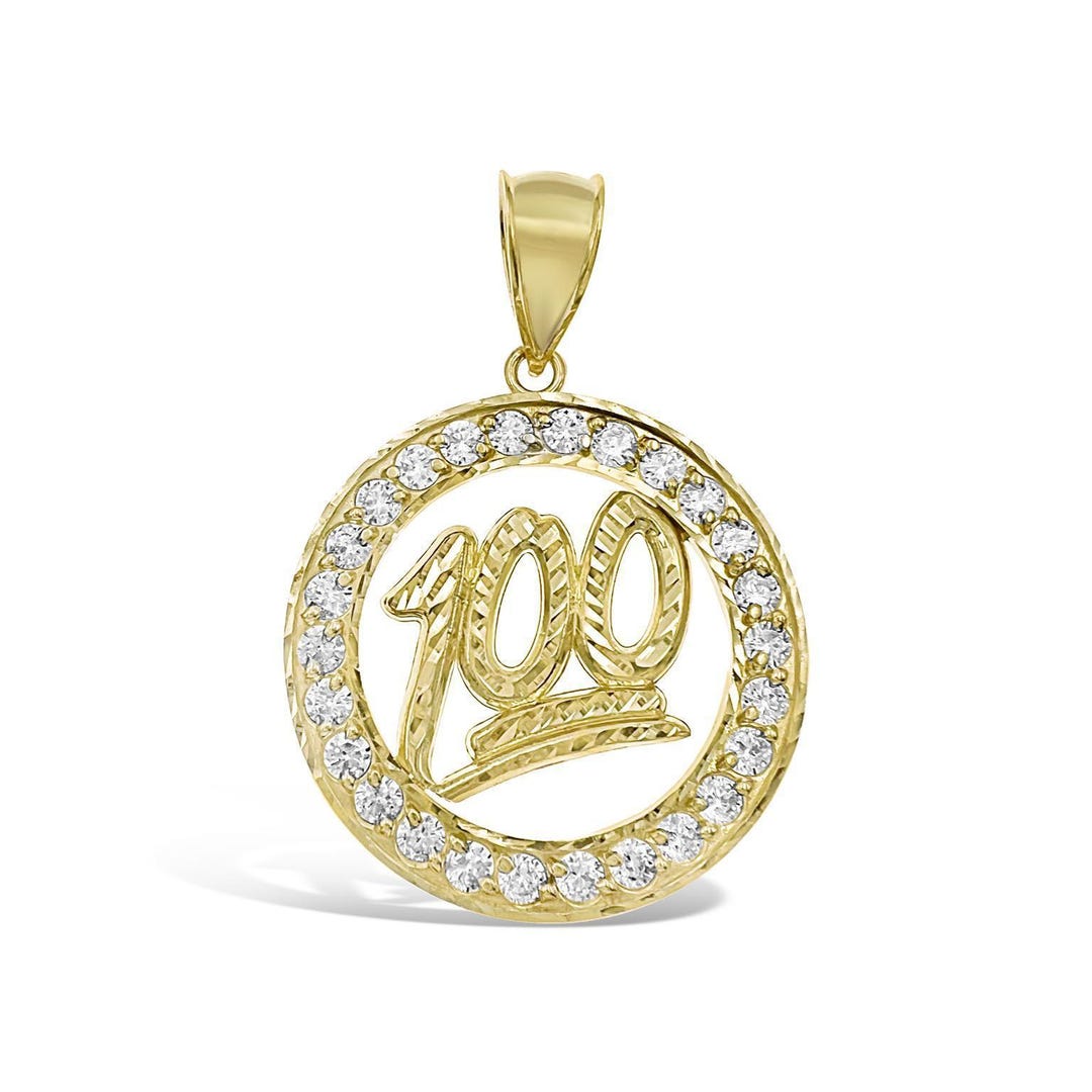 100 Emoji Pendant 10k Yellow Gold Round Charm CZ 1.8" - Etsy
