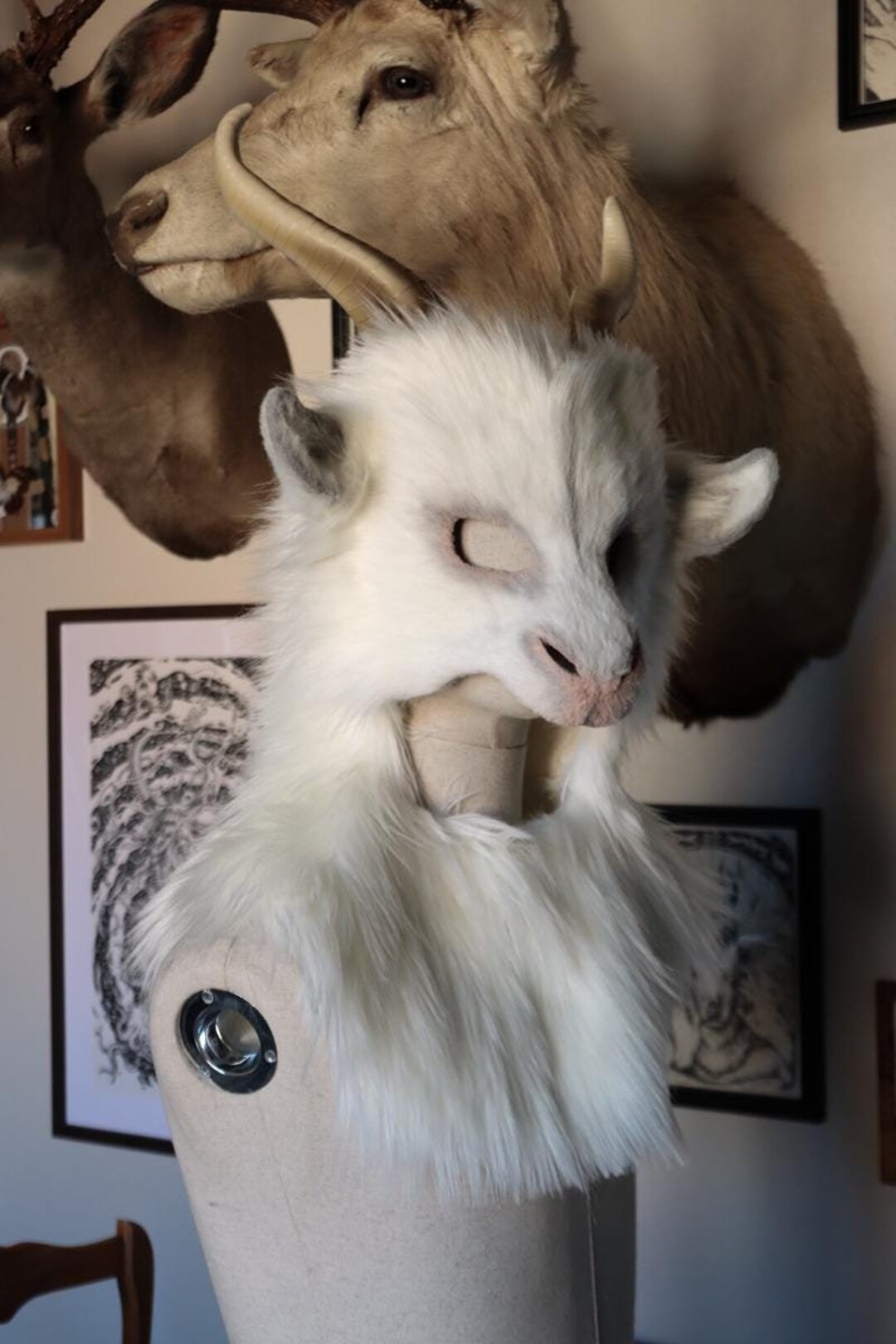 White Goat Leather and Faux Fur Mask for Larp GN Roleplay Cosplay Furry ...