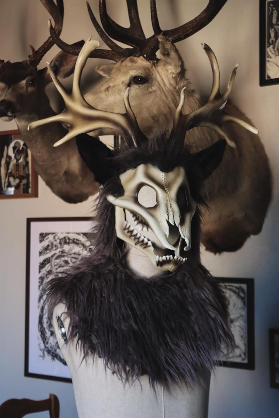 Wendigo Ash Gray and Black Moose Leather and Faux Fur Mask for Larp ...