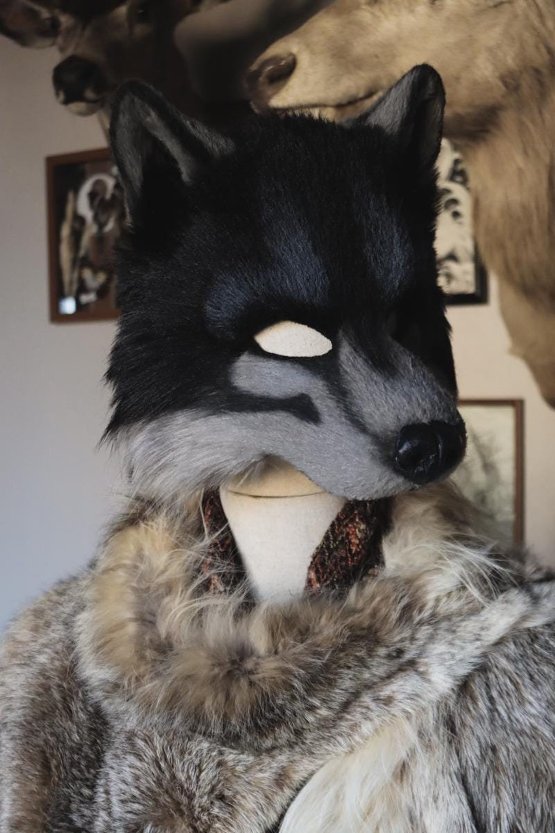 Black and Gray Wolf Leather and Faux Fur Mask for Larp GN Roleplay ...