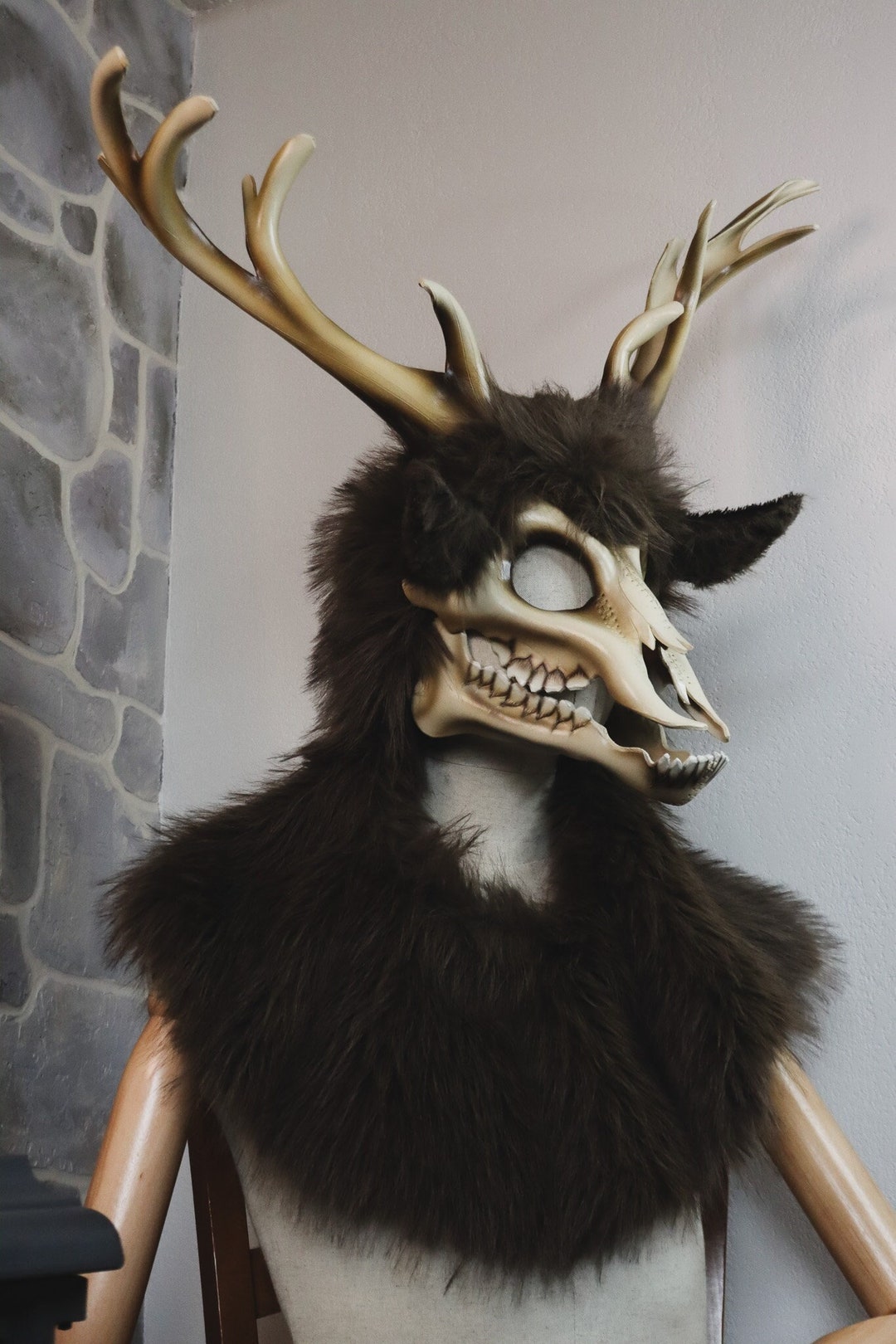 Full Head Fluffy Deer Skull Leather Mask for Larp Larp Roleplay Cosplay ...