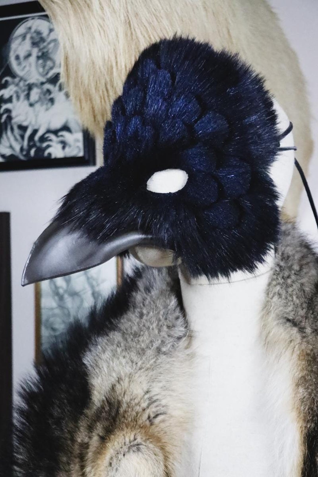 Raven Leather and Faux Fur Mask for Larp GN Roleplay Cosplay Furry ...