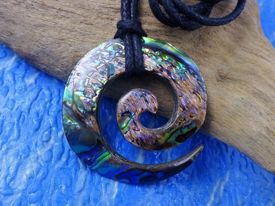 NZ Paua Shell Koru Pendant Necklace Hand Carved Shell Beach Jewelry 068 ...