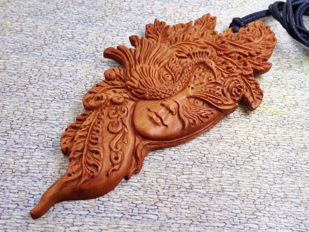 Masked Goddess With Phoenix A Magical Amulet Large Pendant Handcarved ...