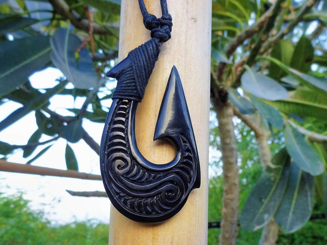 Classic Maori Fish Hook Pendant Necklace Black Horn Beach Jewelry Large ...